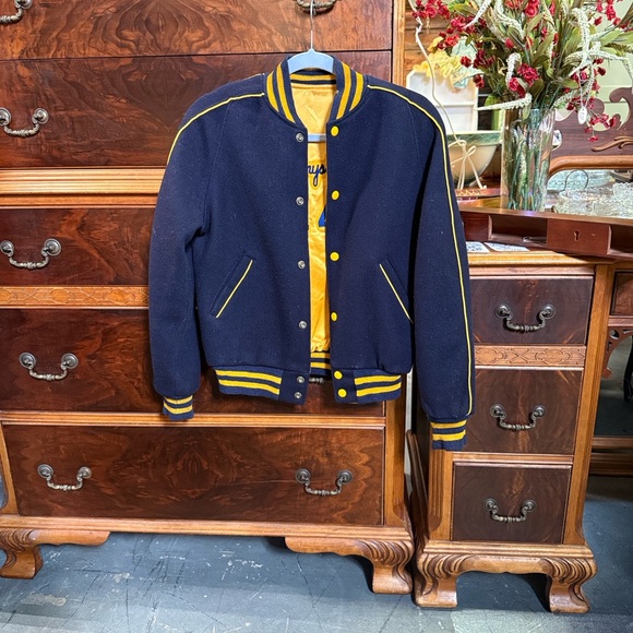 Jackets & Coats | Classic Navy Varsity Jacket With Yellow Highlights ...